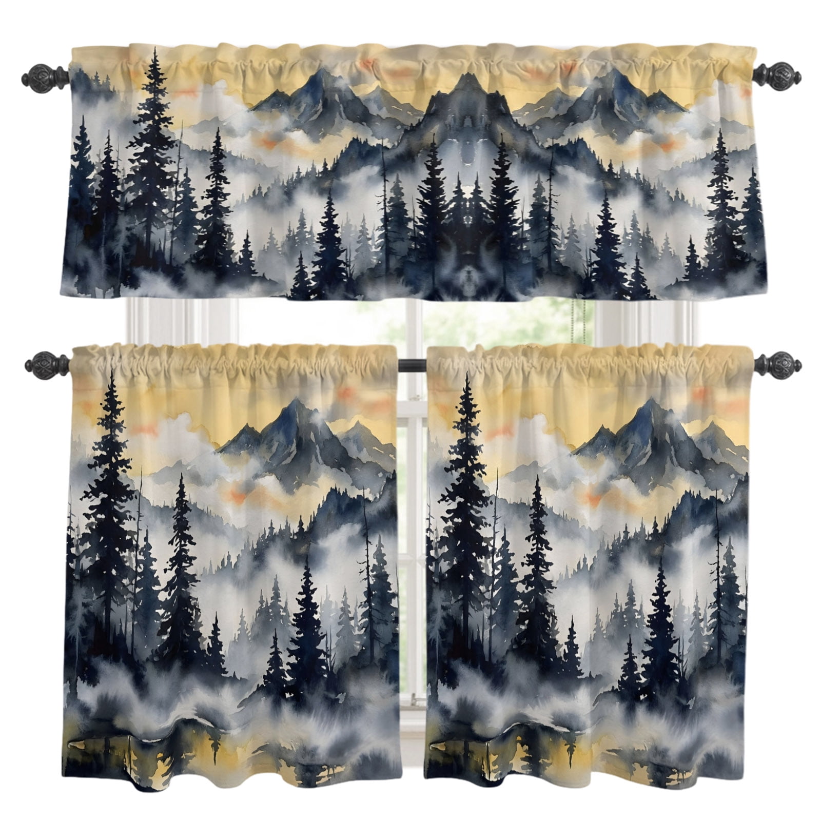 3 Piece Kitchen Curtains and Valances Set Mist Forest Cafe Curtains 36 ...