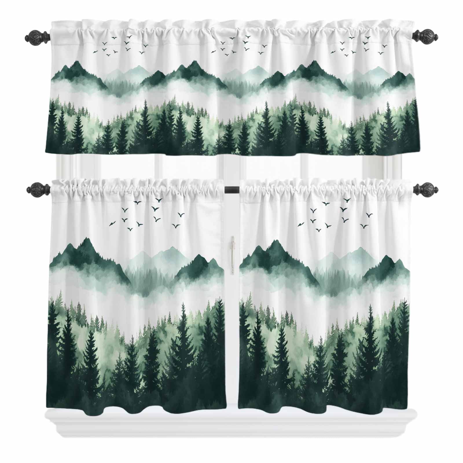 3 Piece Kitchen Curtains and Valances Set Mist Forest Mountain Cafe ...