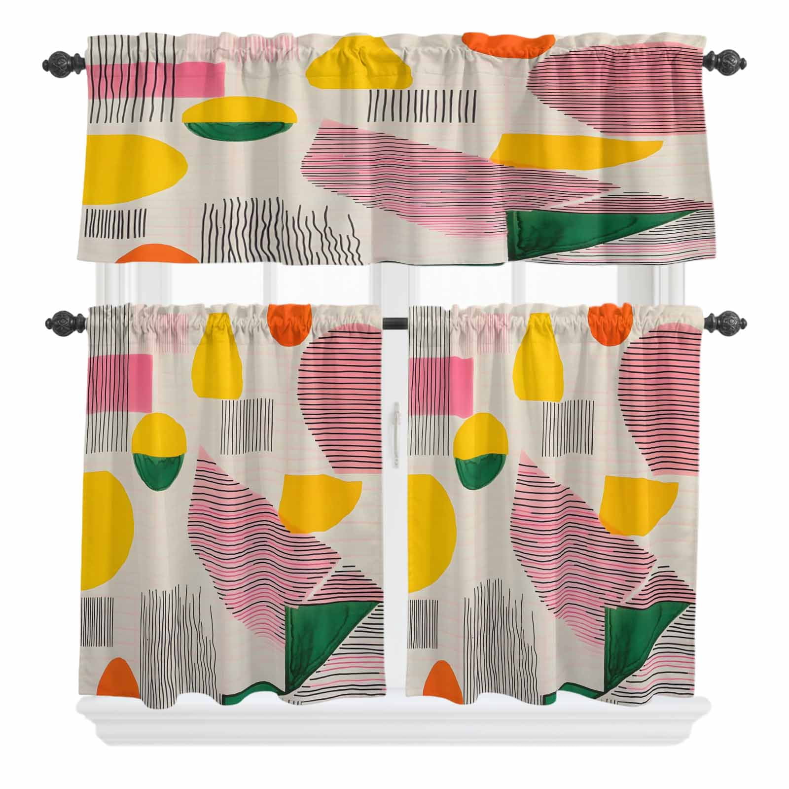3 Piece Kitchen Curtains and Valances Set Modern Geometric Cafe ...