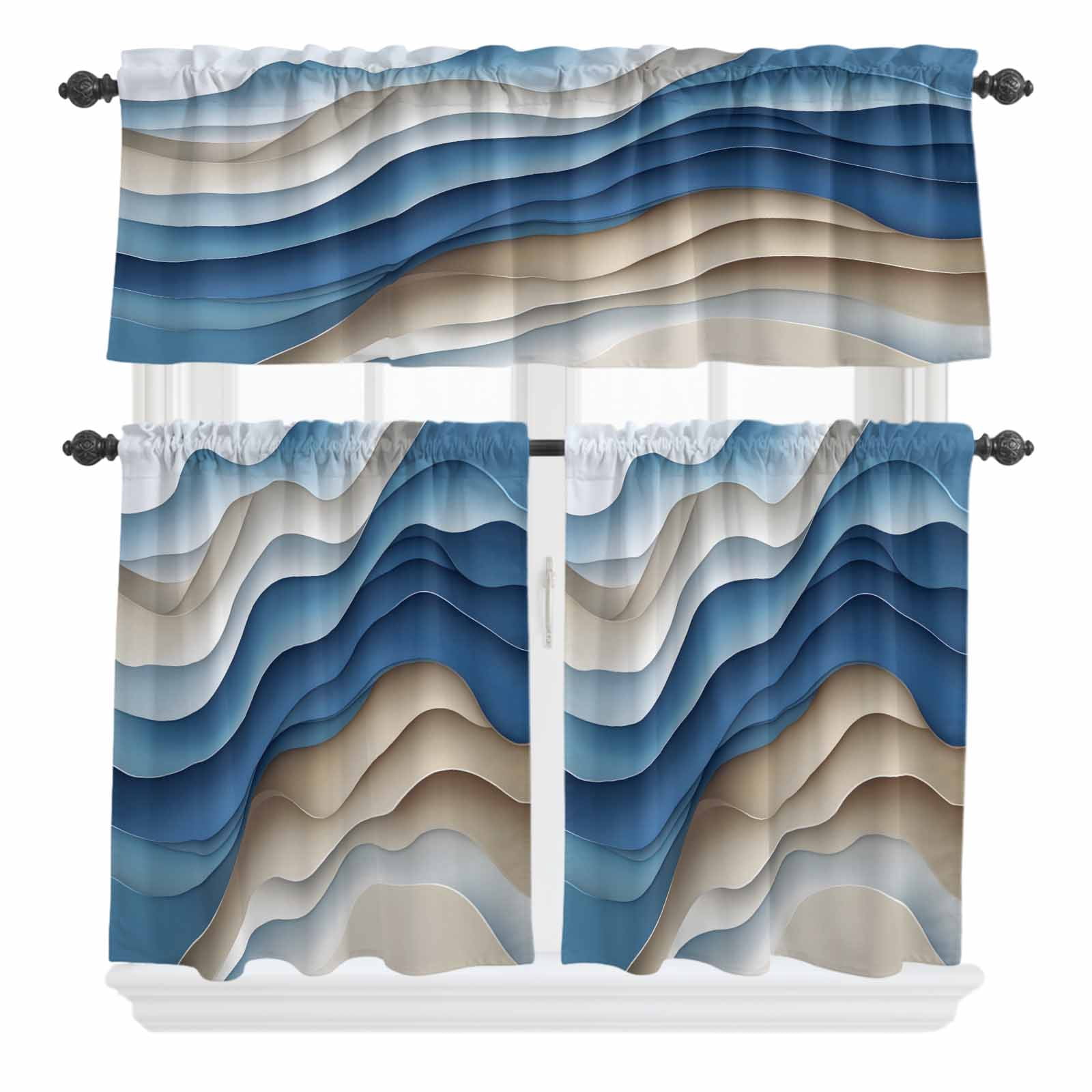 3 Piece Kitchen Curtains and Valances Set Moire Blue Brown Cafe Curtains 24 Inch Length Ombre ...