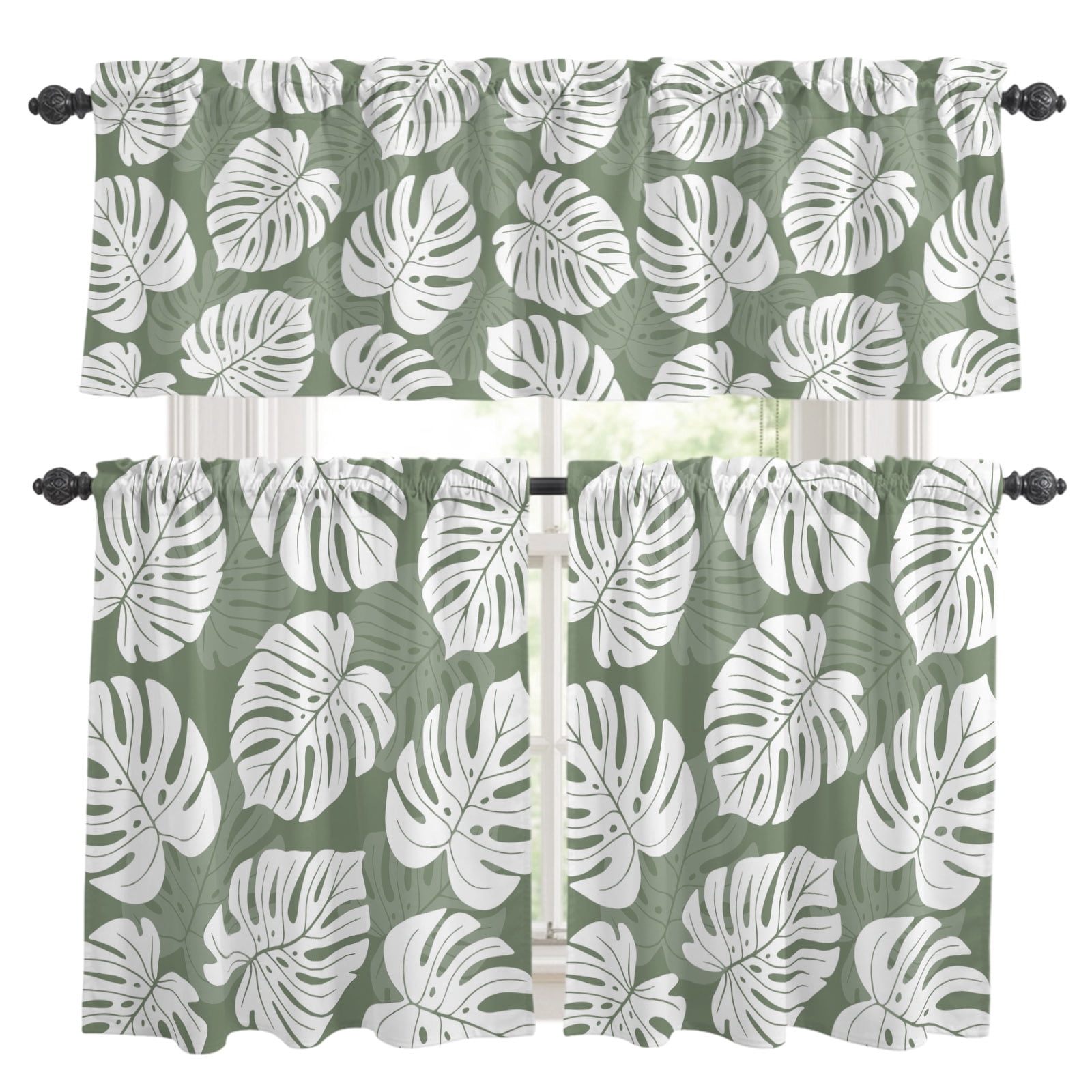 3 Piece Kitchen Curtains and Valances Set Monstera Leaves Cafe Curtains ...