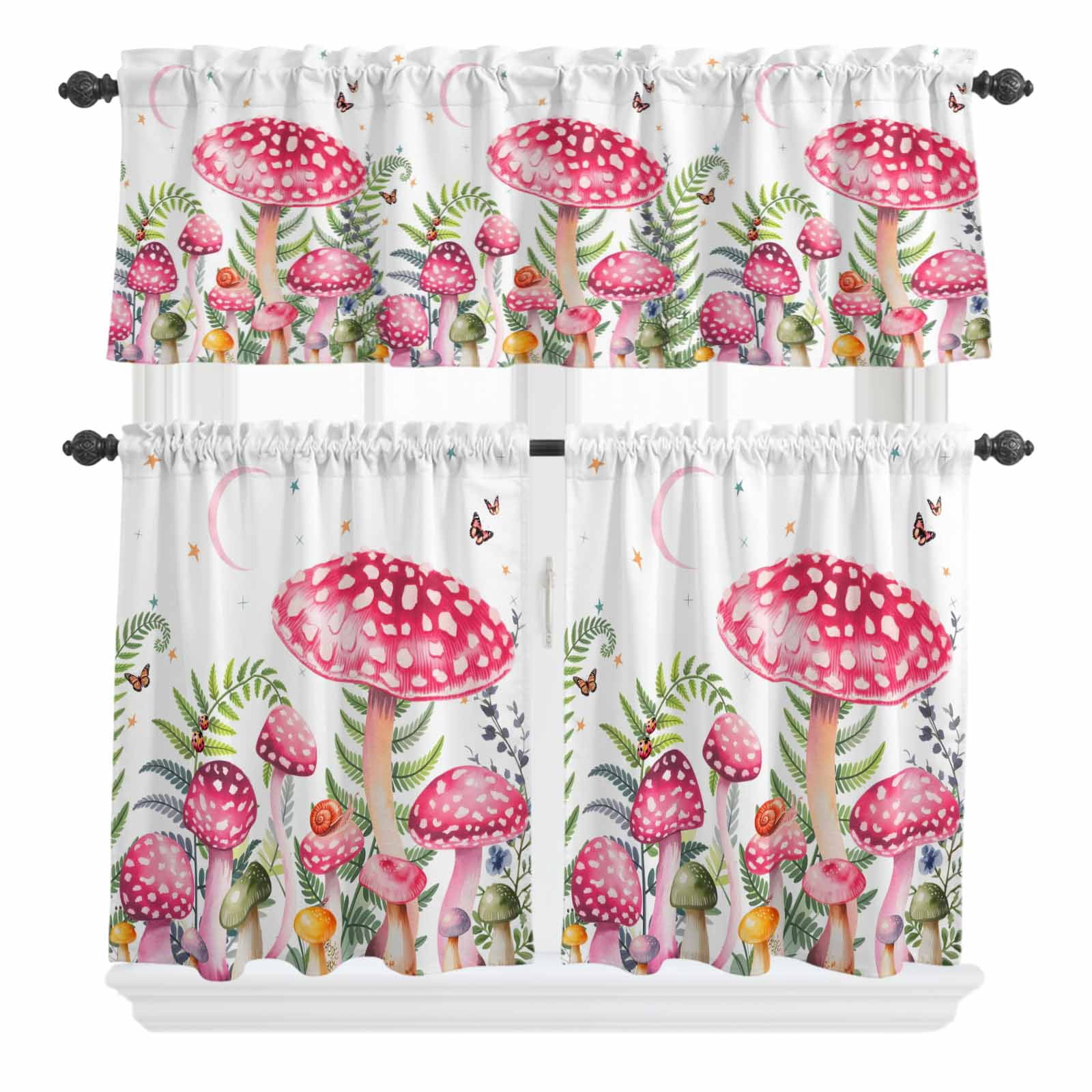3 Piece Kitchen Curtains and Valances Set Mushroom Cafe Curtains 24 ...