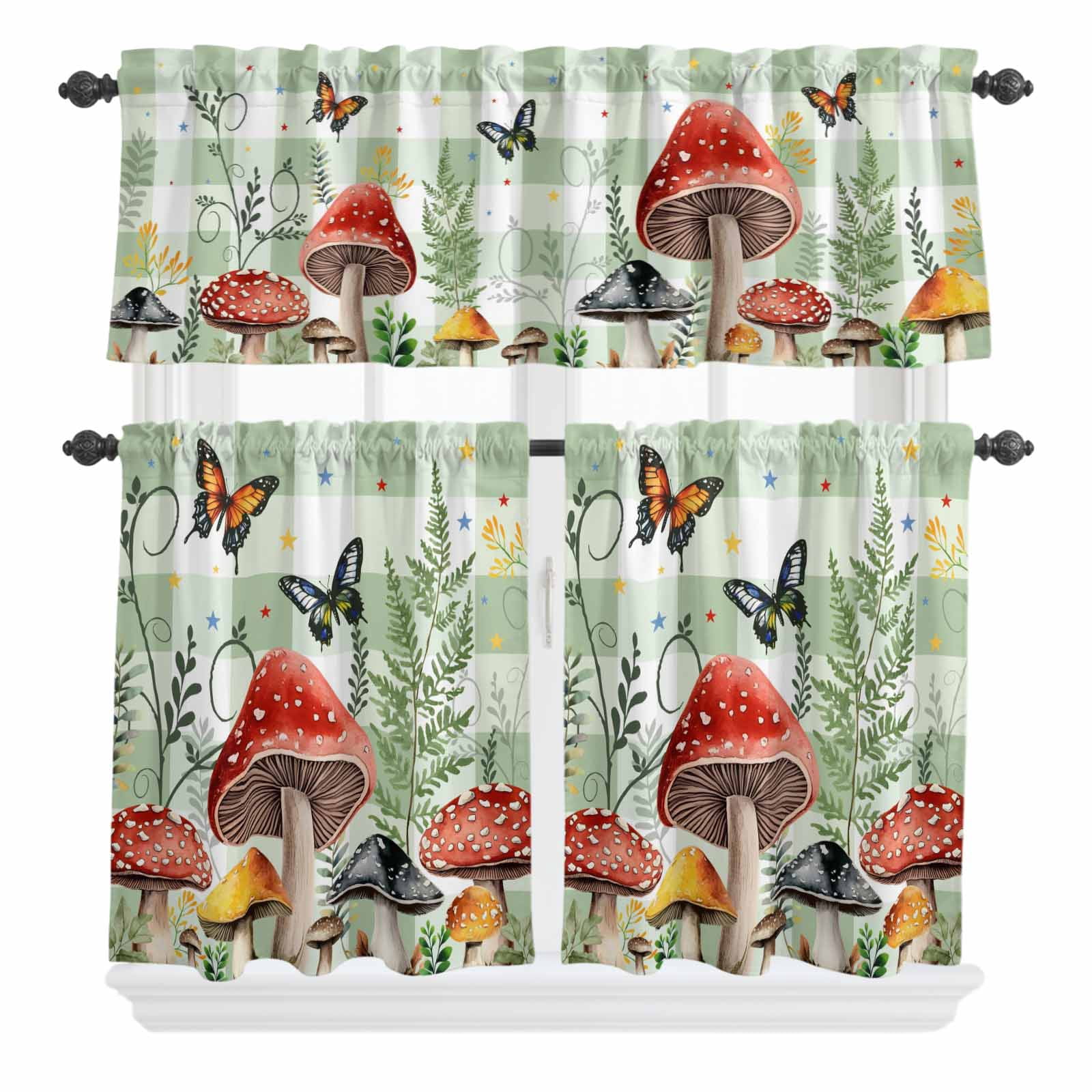 3 Piece Kitchen Curtains and Valances Set Mushrooms Cafe Curtains 36 ...
