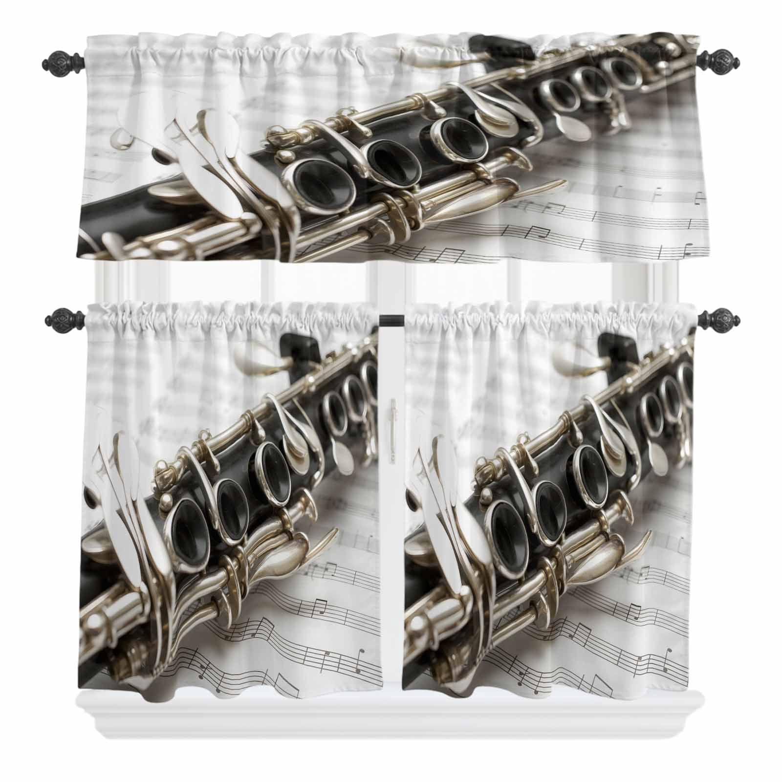 3 Piece Kitchen Curtains and Valances Set Musical Instrument Cafe ...