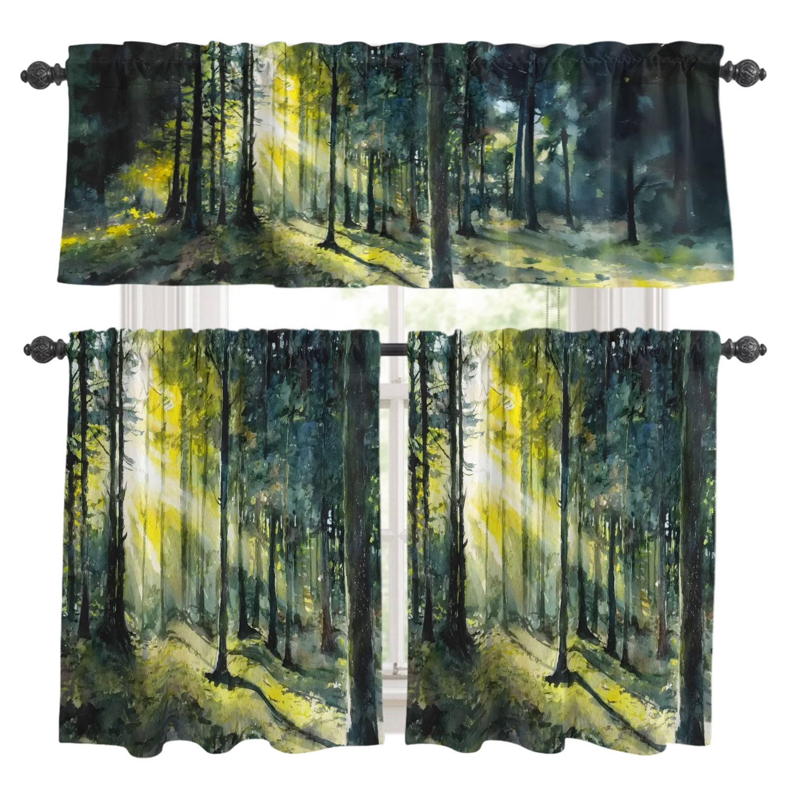 3 Piece Kitchen Curtains and Valances Set Nature Forest Cafe Curtains ...