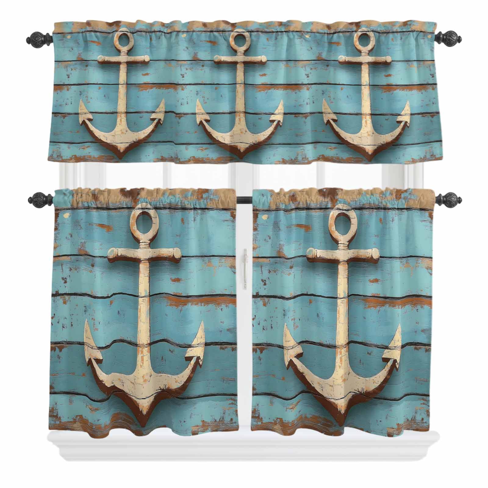 3 Piece Kitchen Curtains and Valances Set Nautical Anchor Cafe Curtains ...