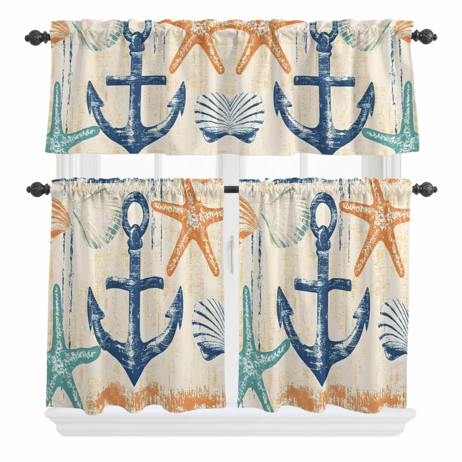 3 Piece Kitchen Curtains and Valances Set Nautical Anchor Cafe Curtains ...