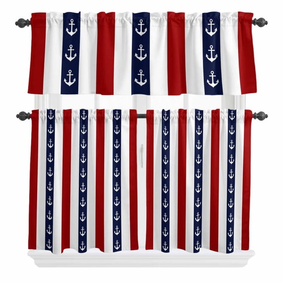 3 Piece Kitchen Curtains and Valances Set Nautical Anchor Cafe Curtains ...