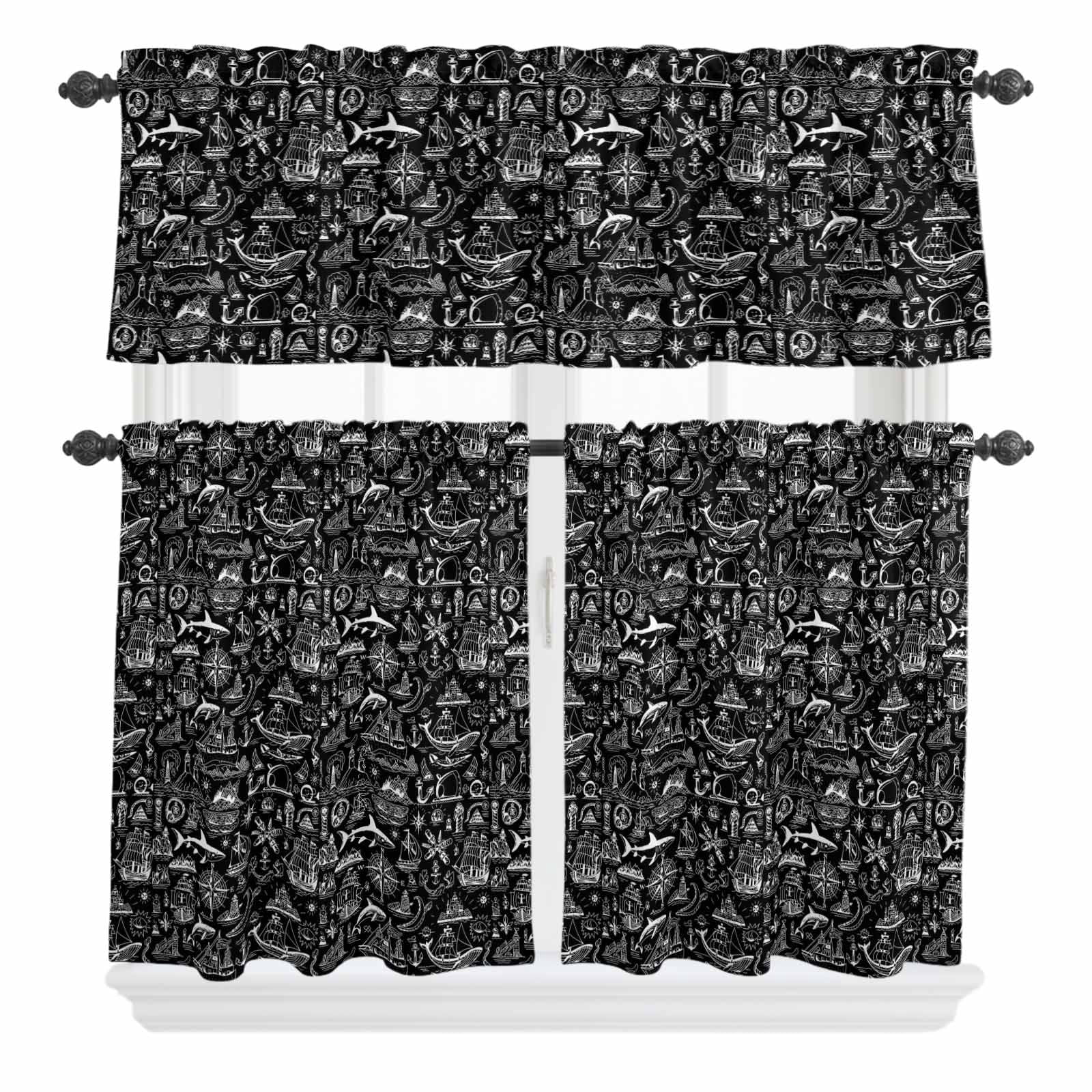 3 Piece Kitchen Curtains and Valances Set Nautical Black Cafe Curtains ...