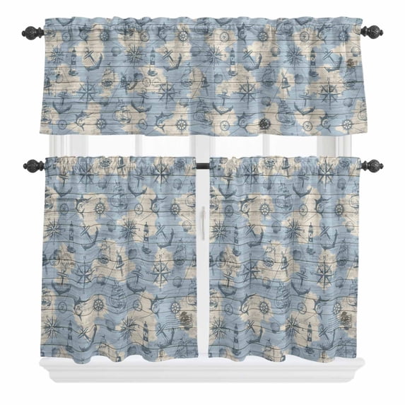 3 Piece Kitchen Curtains and Valances Set Nautical Blue Cafe Curtains ...