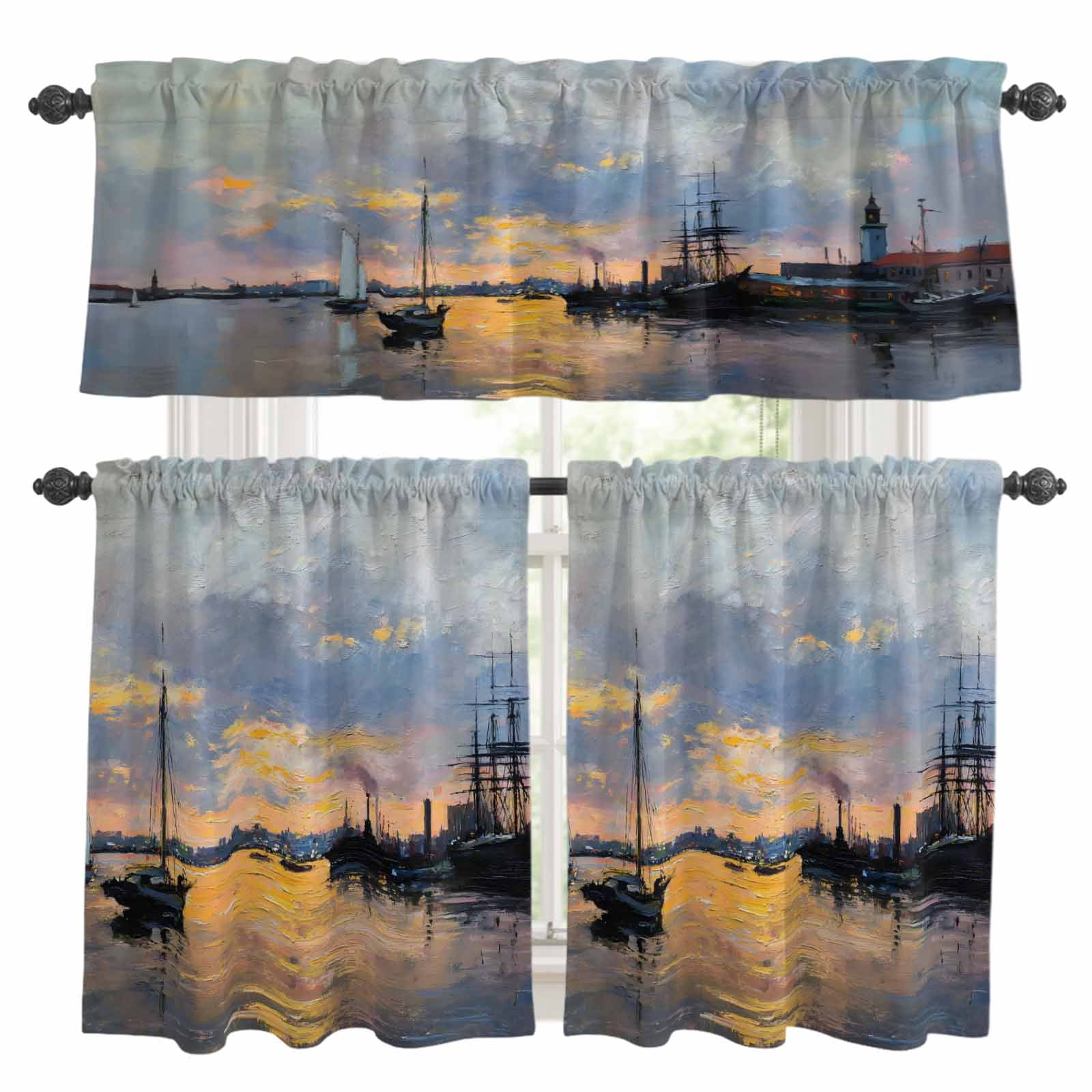 3 Piece Kitchen Curtains and Valances Set Nautical Boat Cafe Curtains ...