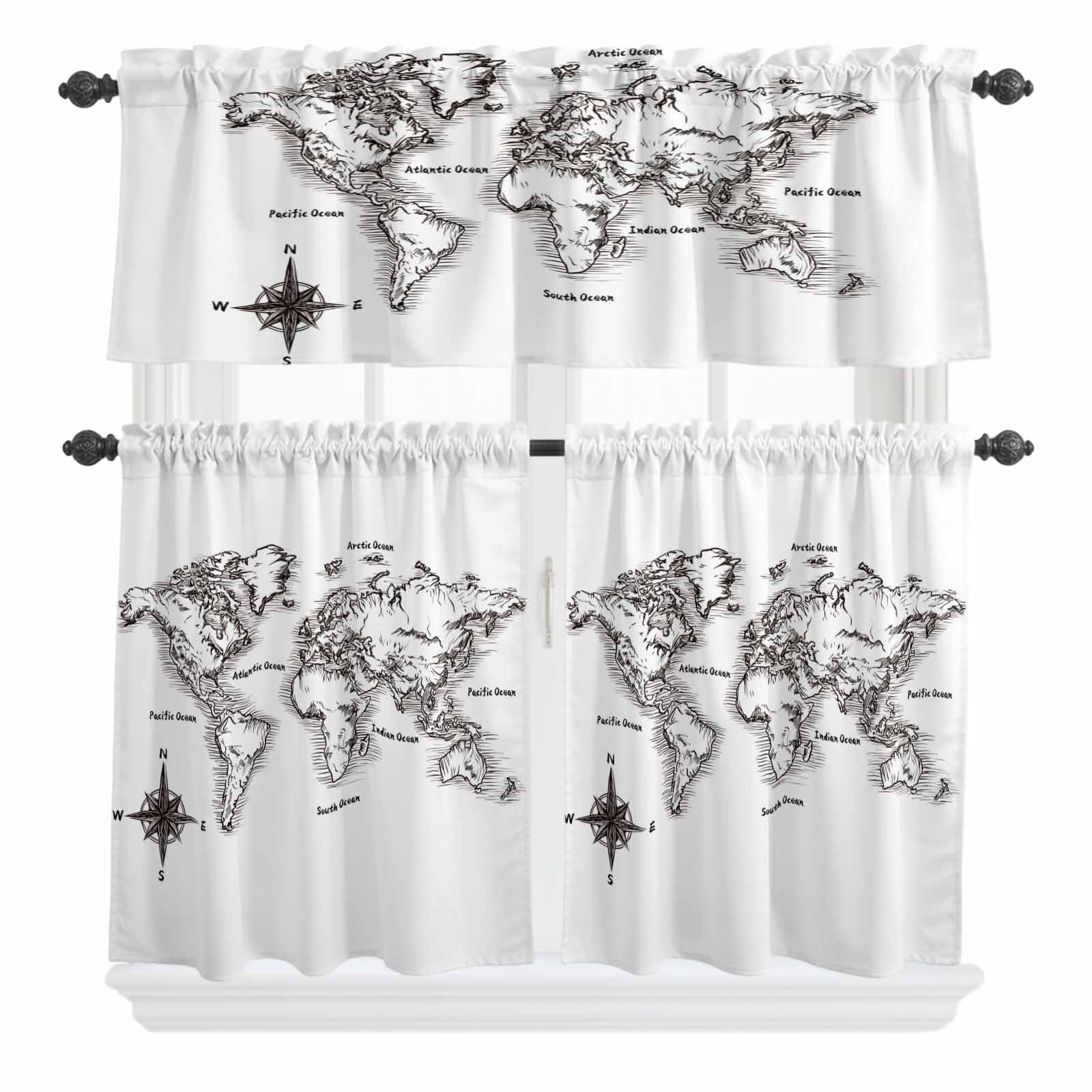 3 Piece Kitchen Curtains and Valances Set Nautical Map Cafe Curtains 36 ...