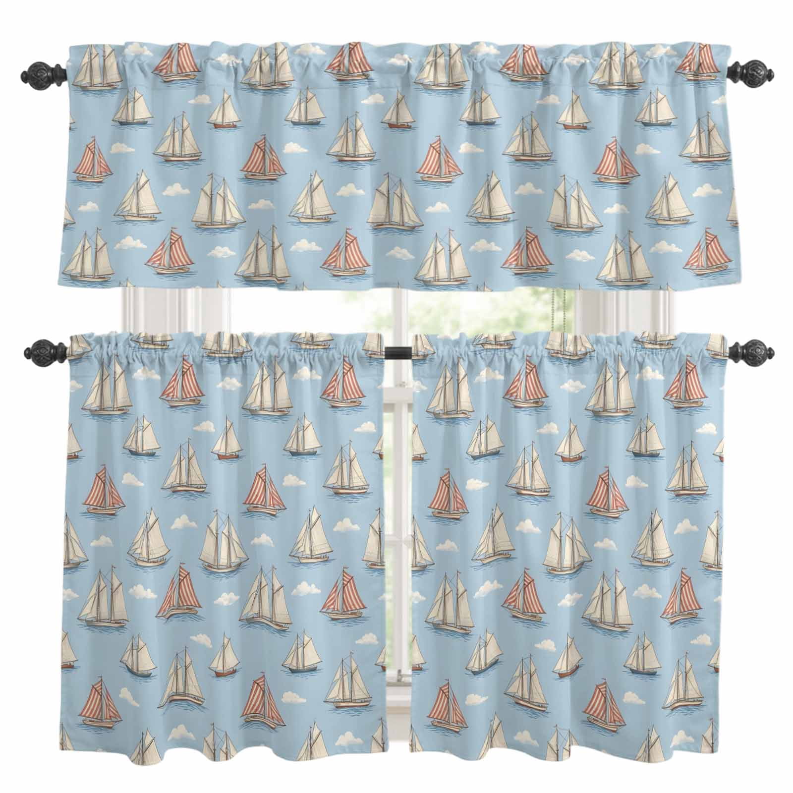 3 Piece Kitchen Curtains and Valances Set Nautical Sailing Cafe ...