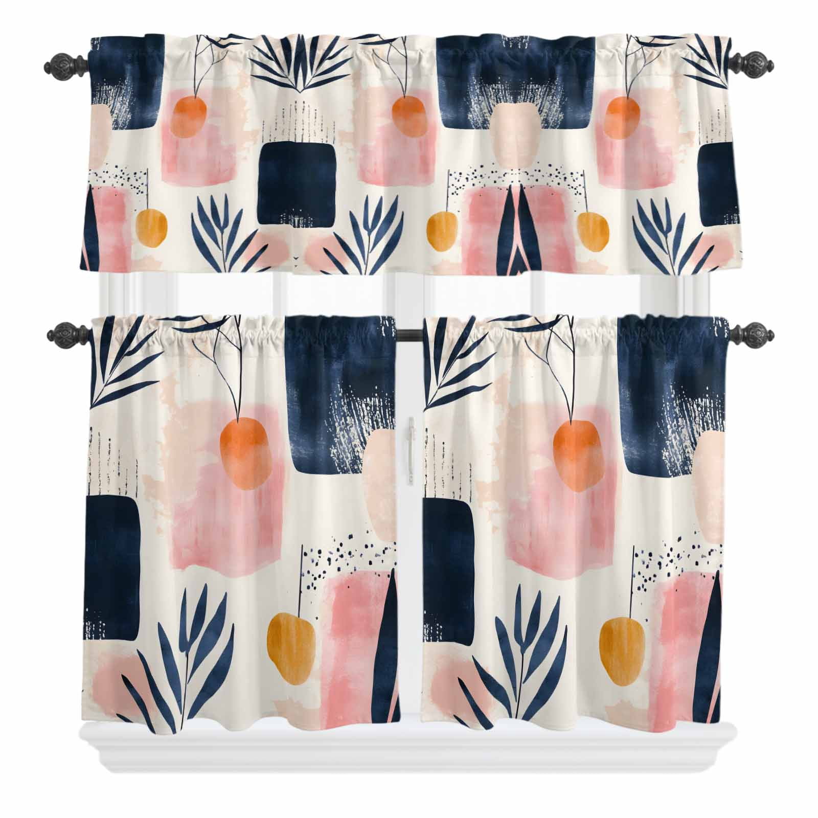 3 Piece Kitchen Curtains and Valances Set Navy Blue Abstract Art Cafe ...