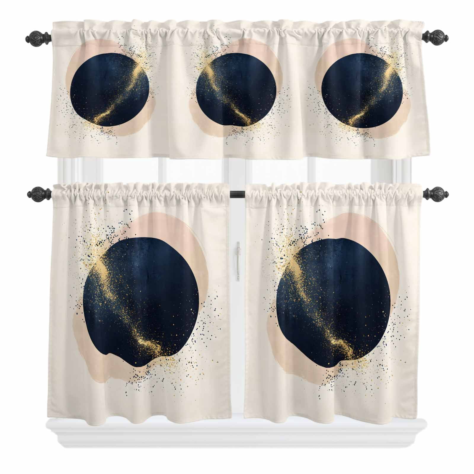3 Piece Kitchen Curtains and Valances Set Navy Blue Abstract Art Cafe ...