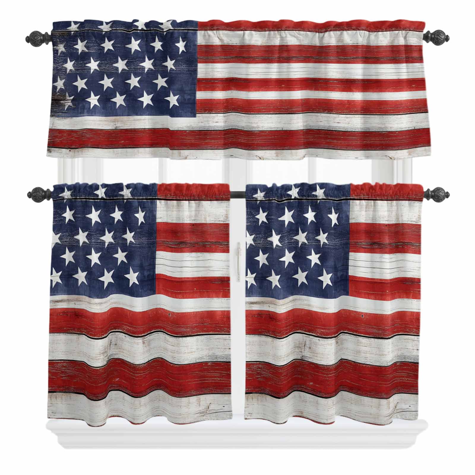 3 Piece Kitchen Curtains and Valances Set Navy Blue American Flag Cafe ...