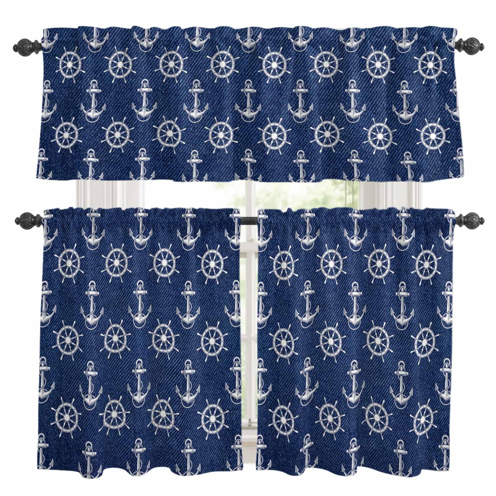 3 Piece Kitchen Curtains and Valances Set Navy Blue Anchor Nautical ...