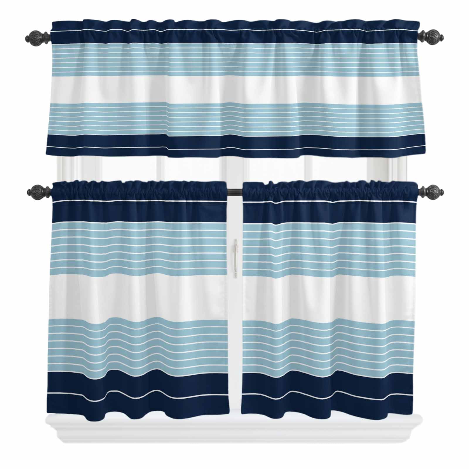 3 Piece Kitchen Curtains and Valances Set Navy Blue Aqua Stripe Cafe ...