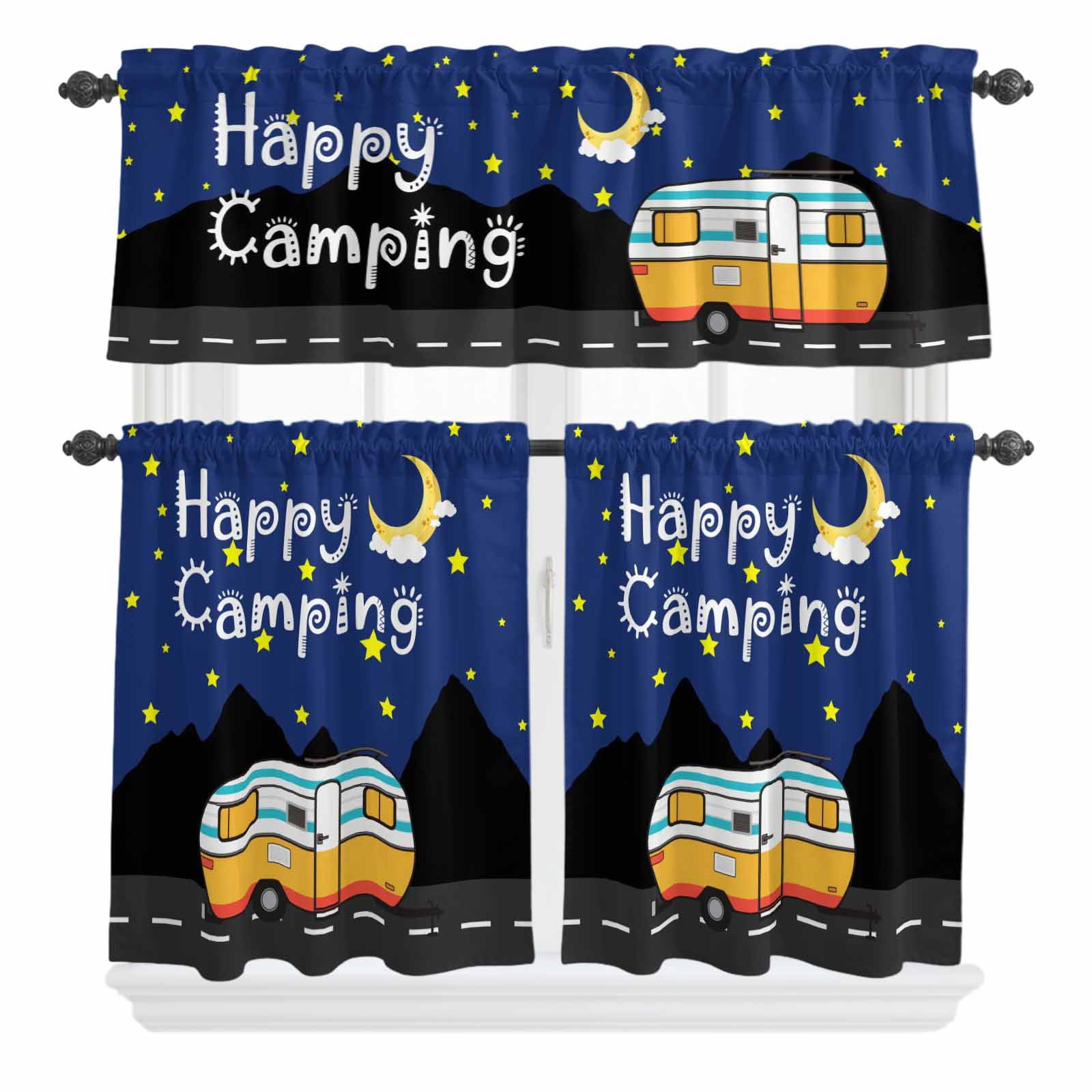 3 Piece Kitchen Curtains and Valances Set Navy Blue Black Cafe Curtains ...