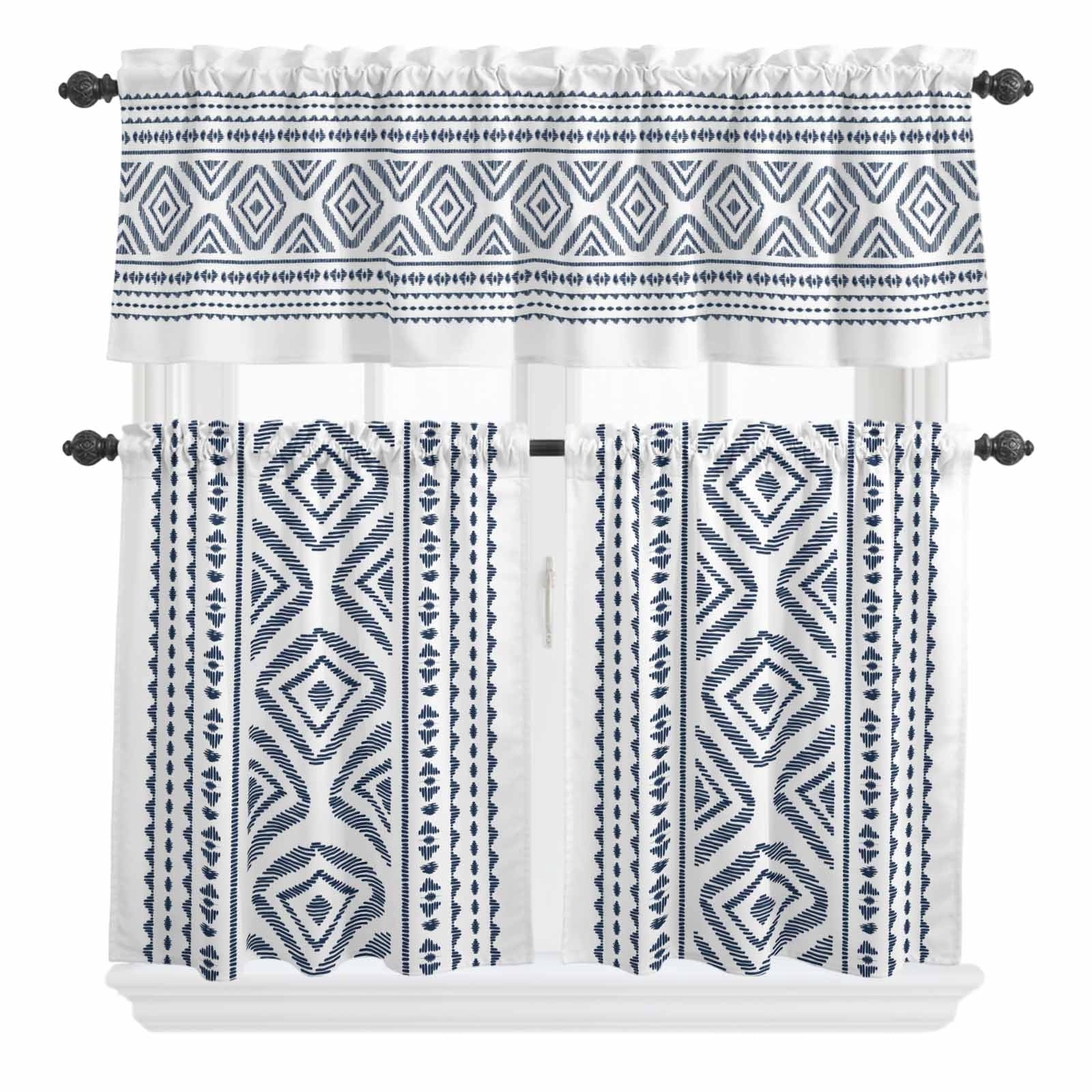3 Piece Kitchen Curtains and Valances Set Navy Blue Boho Cafe Curtains ...