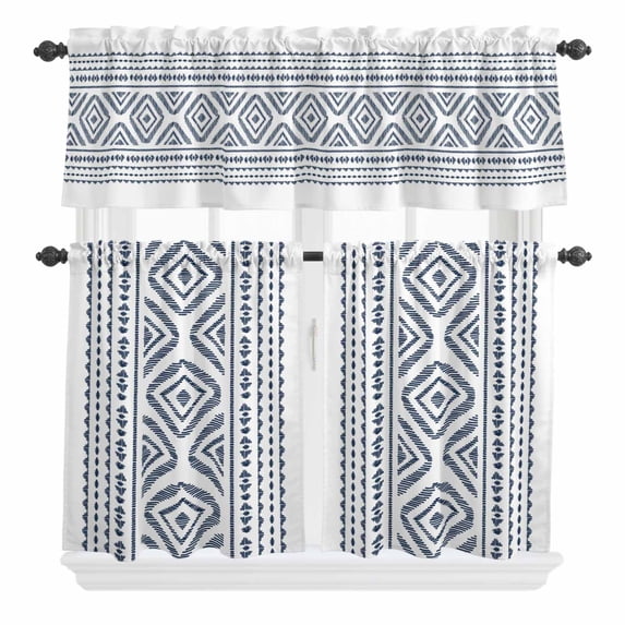 3 Piece Kitchen Curtains and Valances Set Navy Blue Boho Cafe Curtains ...