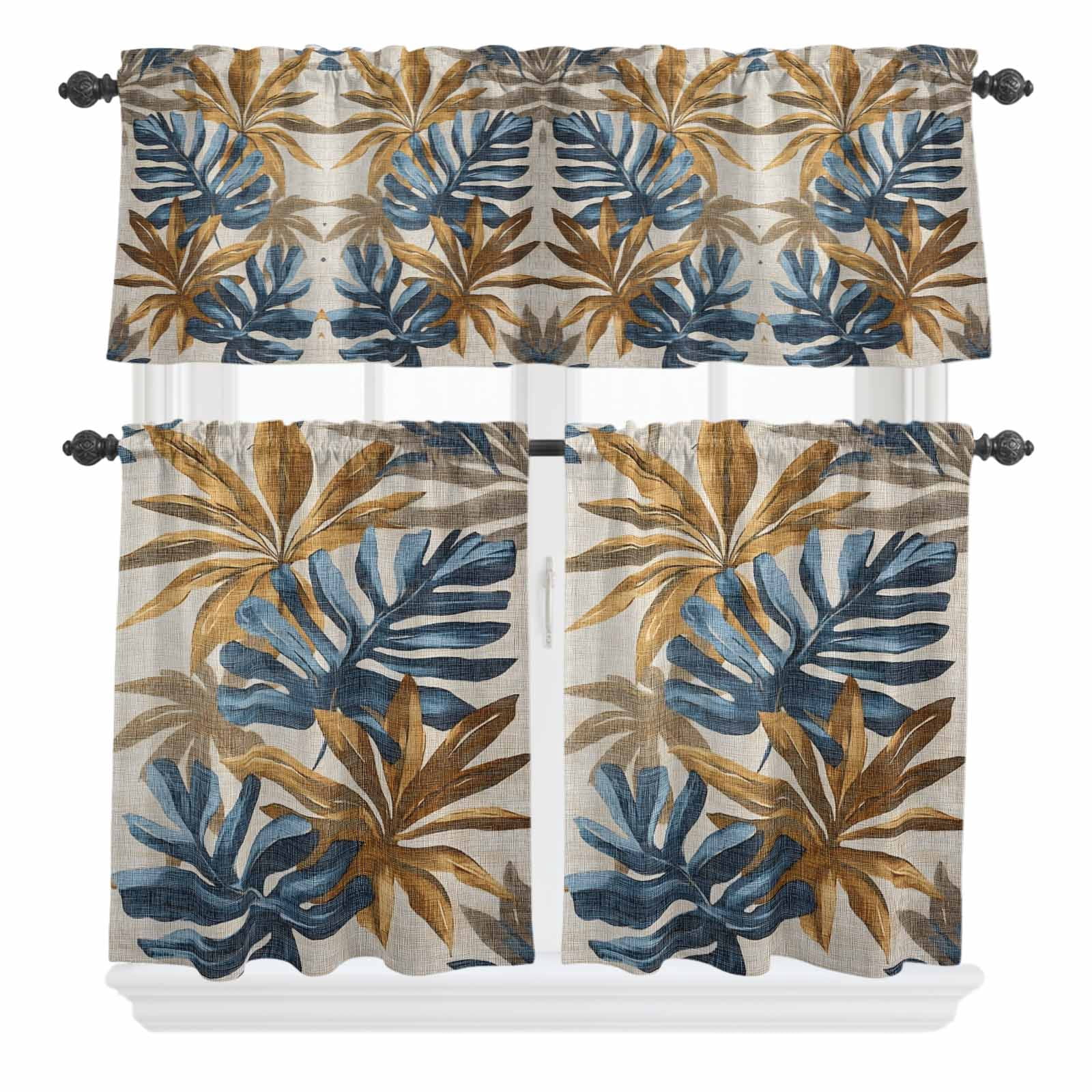 3 Piece Kitchen Curtains and Valances Set Navy Blue Brown Cafe Curtains 24 Inch Length Vintage ...