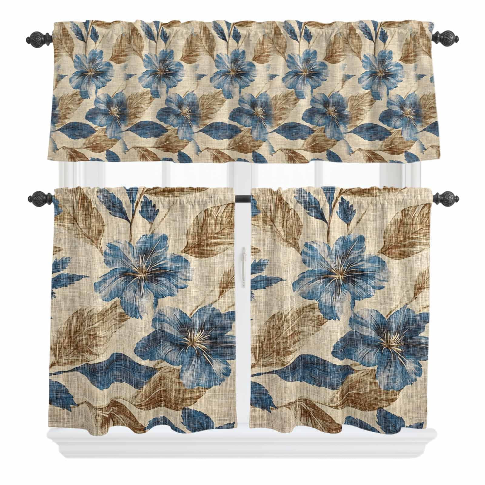 3 Piece Kitchen Curtains and Valances Set Navy Blue Brown Floral Cafe Curtains 36 Inch Length ...