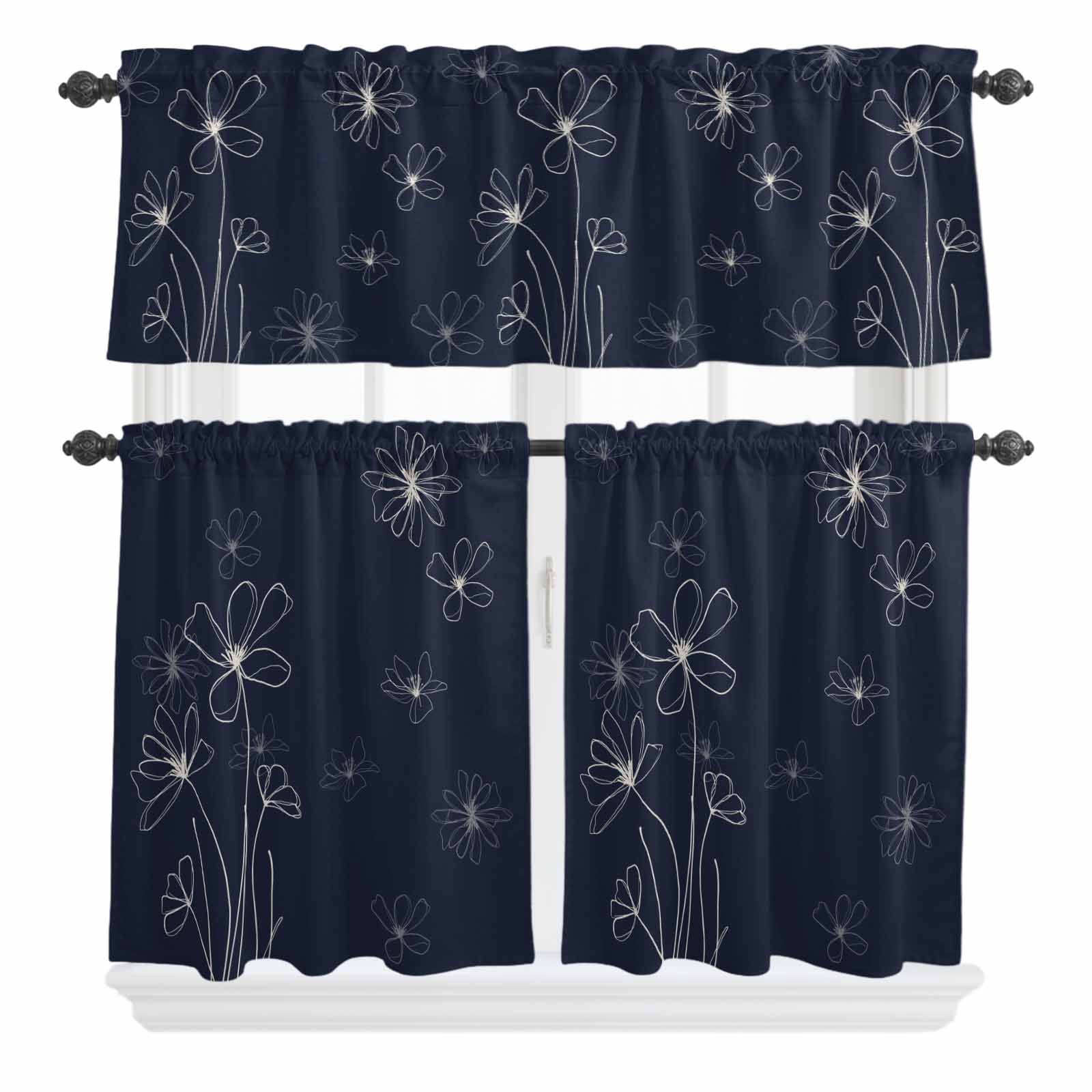 3 Piece Kitchen Curtains and Valances Set Navy Blue Cafe Curtains 36 ...