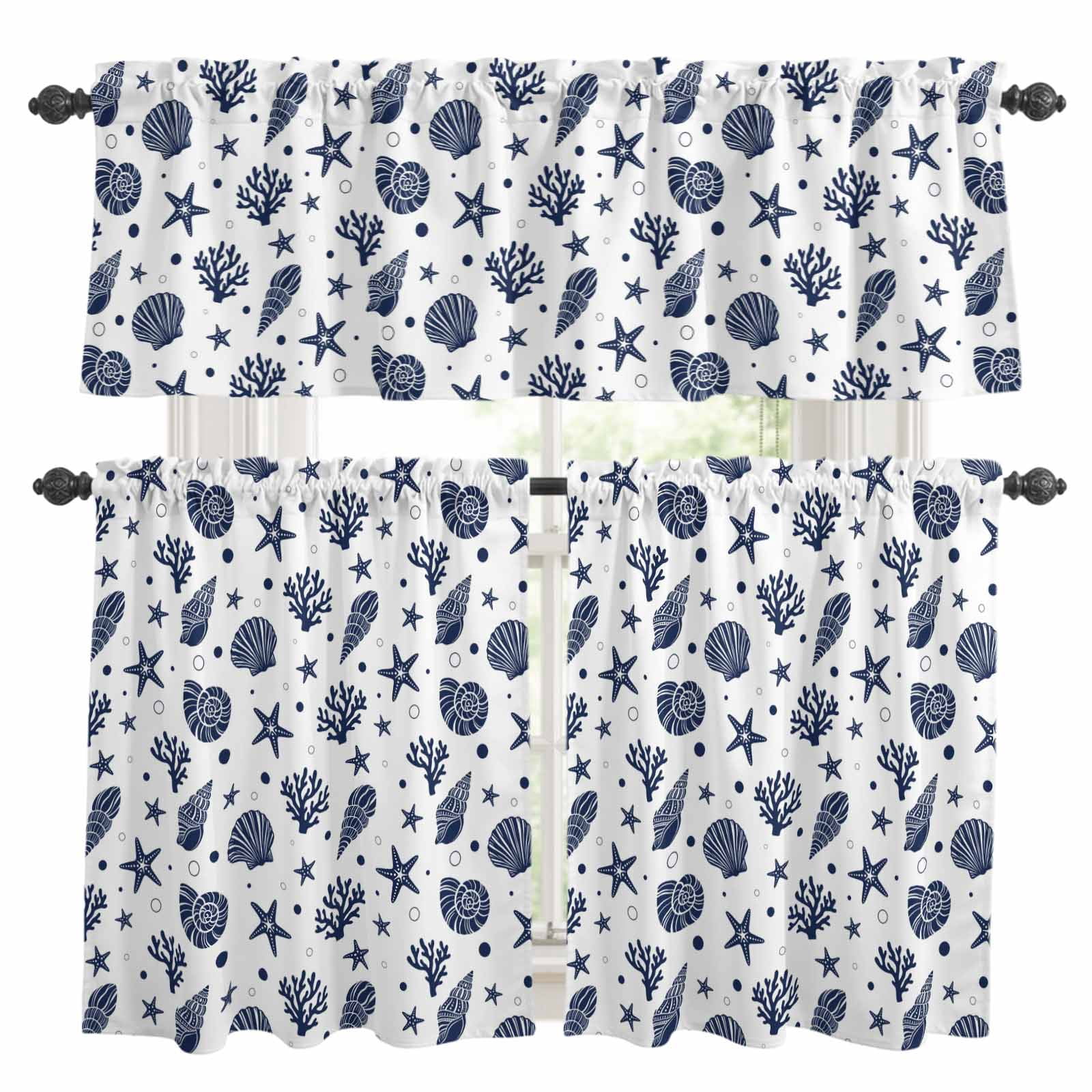 3 Piece Kitchen Curtains and Valances Set Navy Blue Coastal Cafe ...