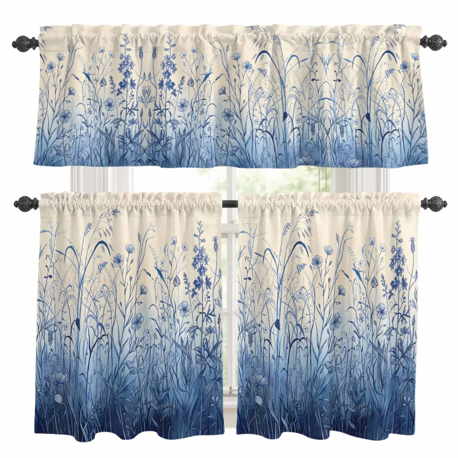 3 Piece Kitchen Curtains and Valances Set Navy Blue Flowers Cafe ...