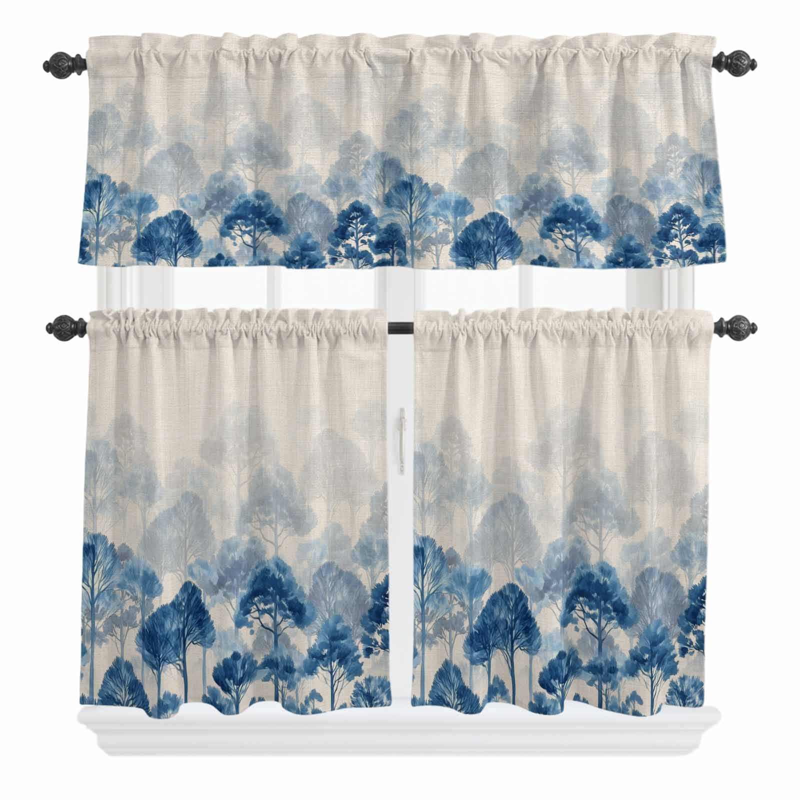 3 Piece Kitchen Curtains and Valances Set Navy Blue Forest Cafe ...