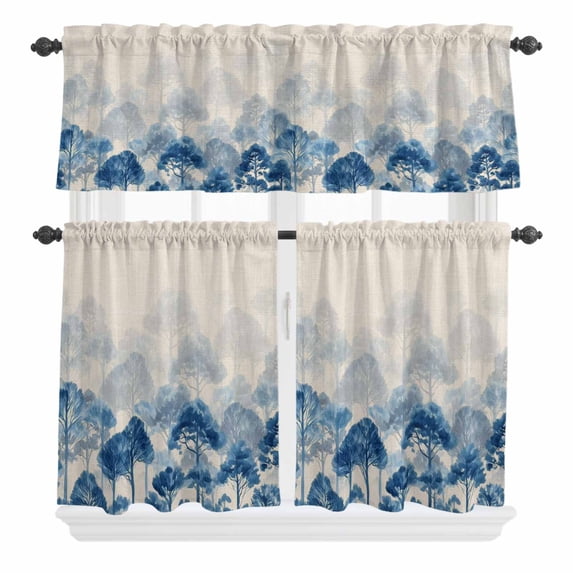 3 Piece Kitchen Curtains and Valances Set Navy Blue Forest Cafe ...