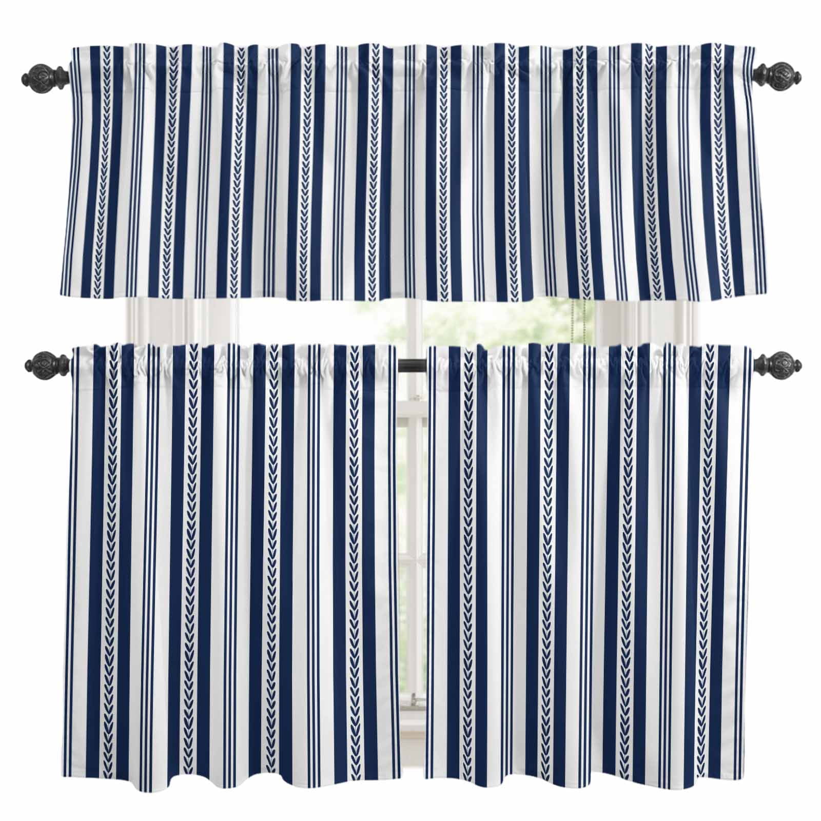 3 Piece Kitchen Curtains and Valances Set Navy Blue Green Line Striped ...