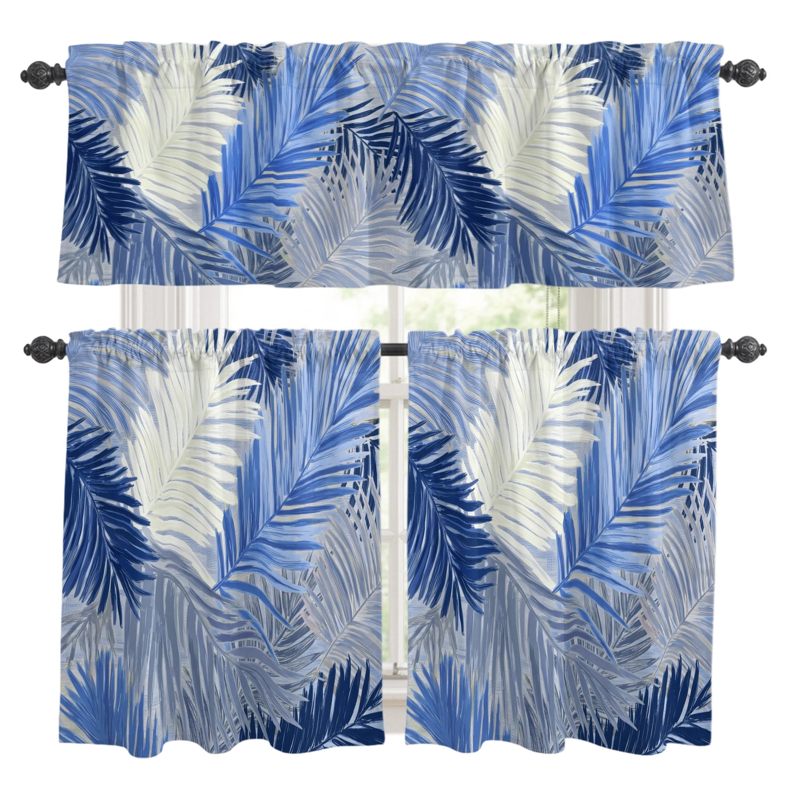 3 Piece Kitchen Curtains and Valances Set Navy Blue Grey Palm Leaves ...