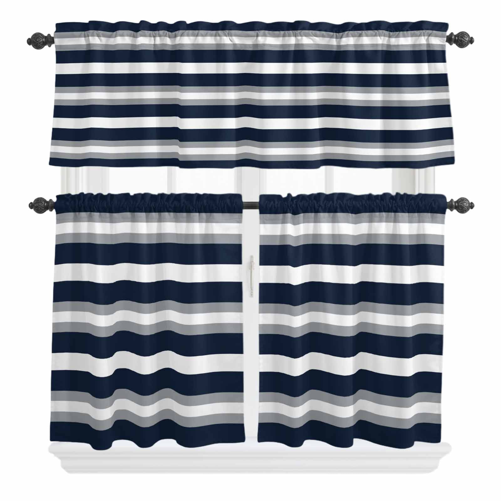 3 Piece Kitchen Curtains and Valances Set Navy Blue Grey Striped Cafe ...