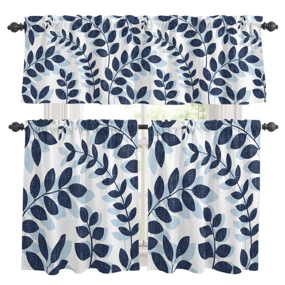 3 Piece Kitchen Curtains and Valances Set Navy Blue Leaves Cafe ...