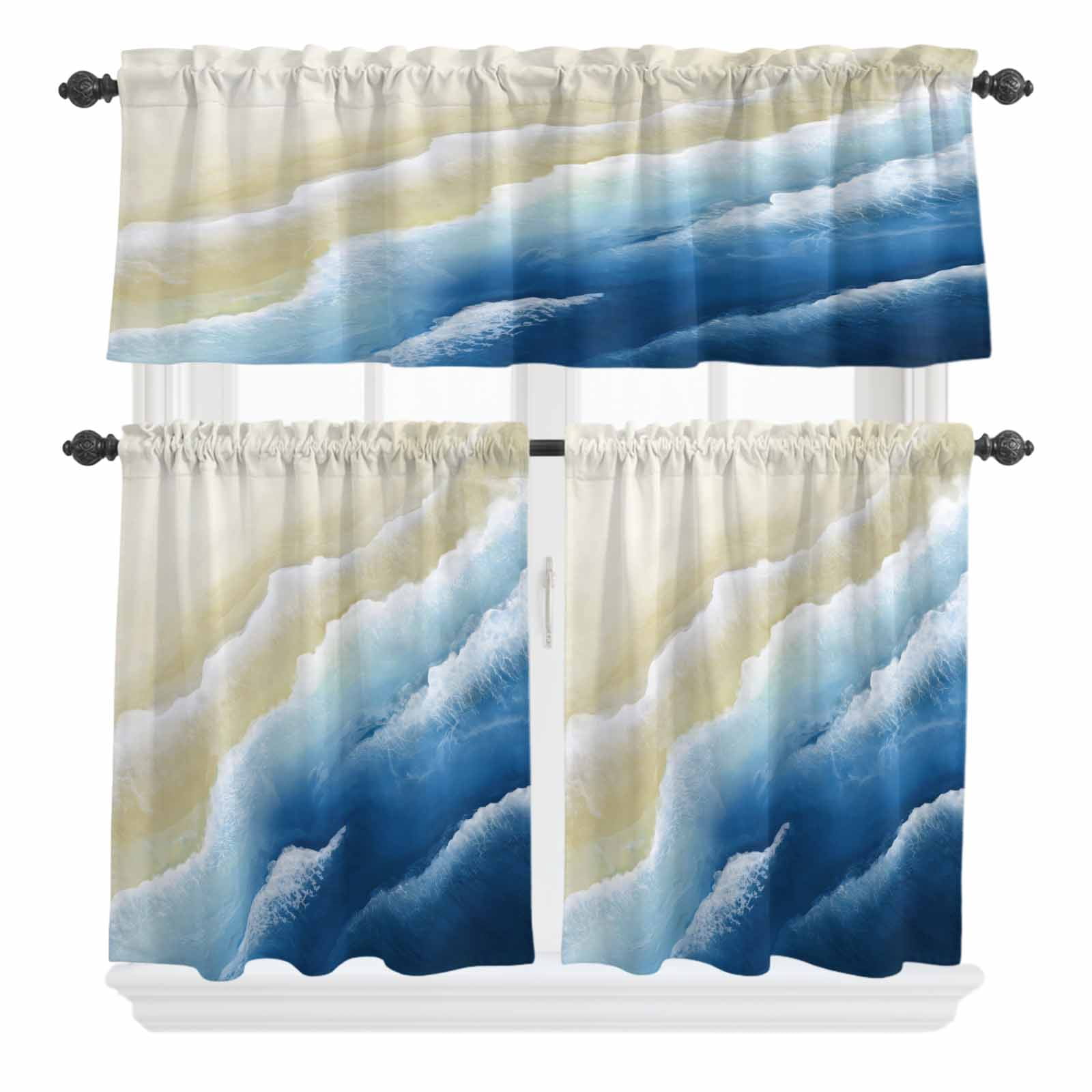 3 Piece Kitchen Curtains and Valances Set Navy Blue Ombre Beach Cafe ...
