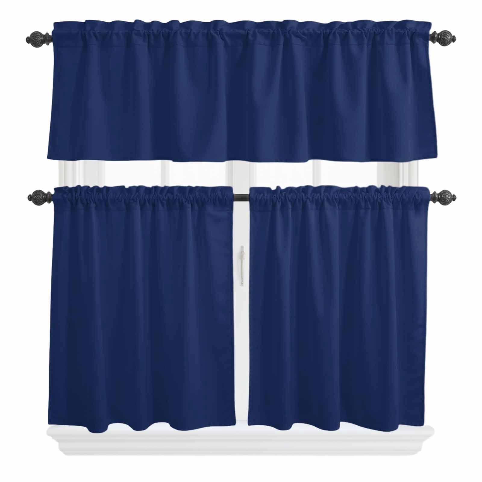 3 Piece Kitchen Curtains and Valances Set Navy Blue Pure Color Cafe ...