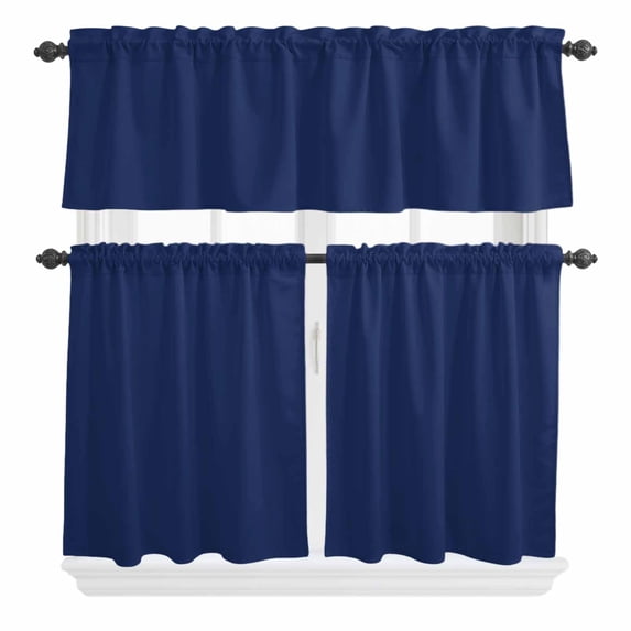 3 Piece Kitchen Curtains and Valances Set Navy Blue Pure Color Cafe ...