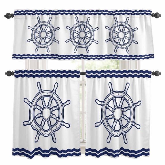 3 Piece Kitchen Curtains and Valances Set Navy Blue Rudder Nautical ...