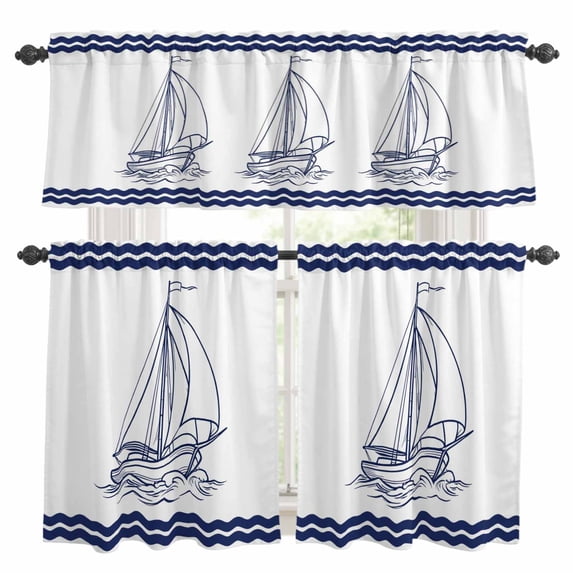 3 Piece Kitchen Curtains and Valances Set Navy Blue Sailboat Nautical ...
