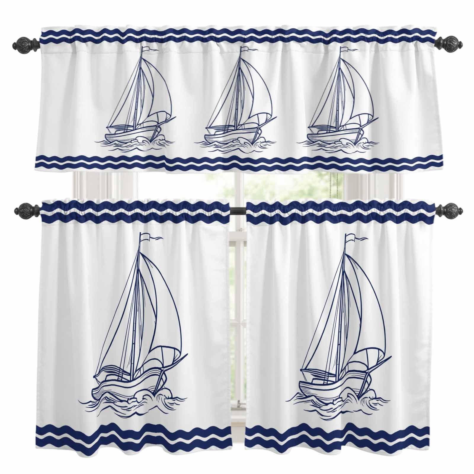 3 Piece Kitchen Curtains and Valances Set Navy Blue Sailboat Nautical ...