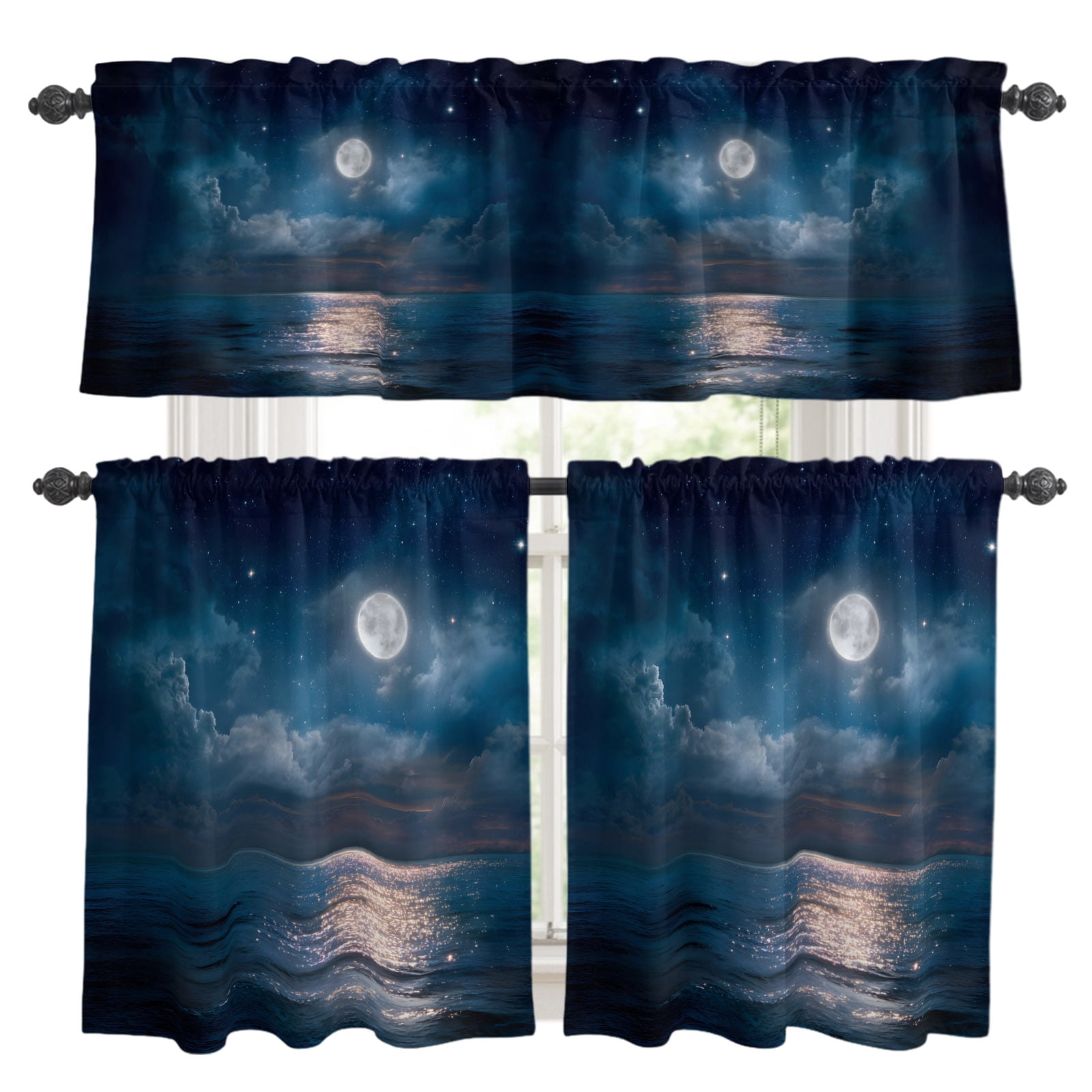 3 Piece Kitchen Curtains and Valances Set Navy Blue Sea Cafe Curtains ...