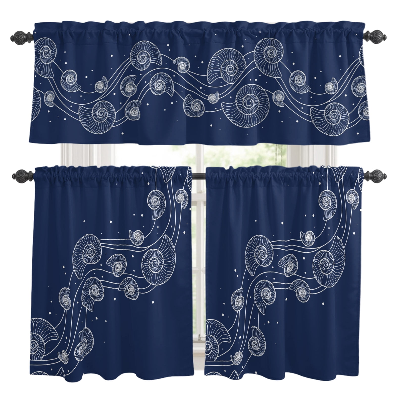 3 Piece Kitchen Curtains and Valances Set Navy Blue Shell Coastal Cafe ...