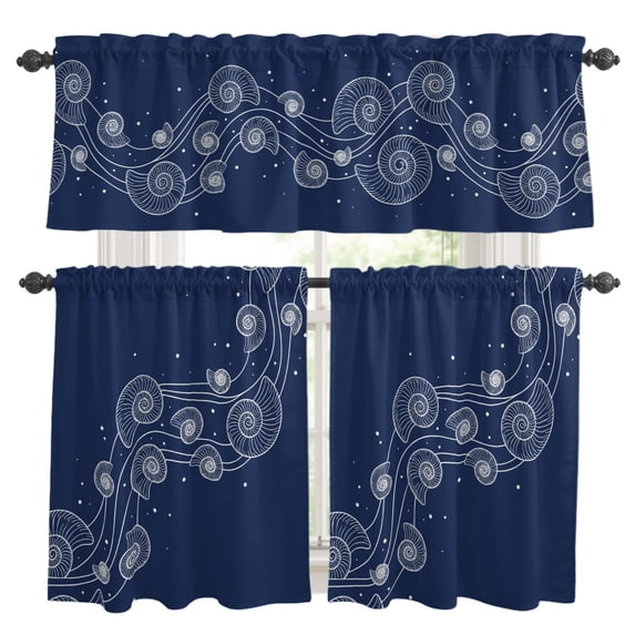 3 Piece Kitchen Curtains and Valances Set Navy Blue Shell Coastal Cafe ...