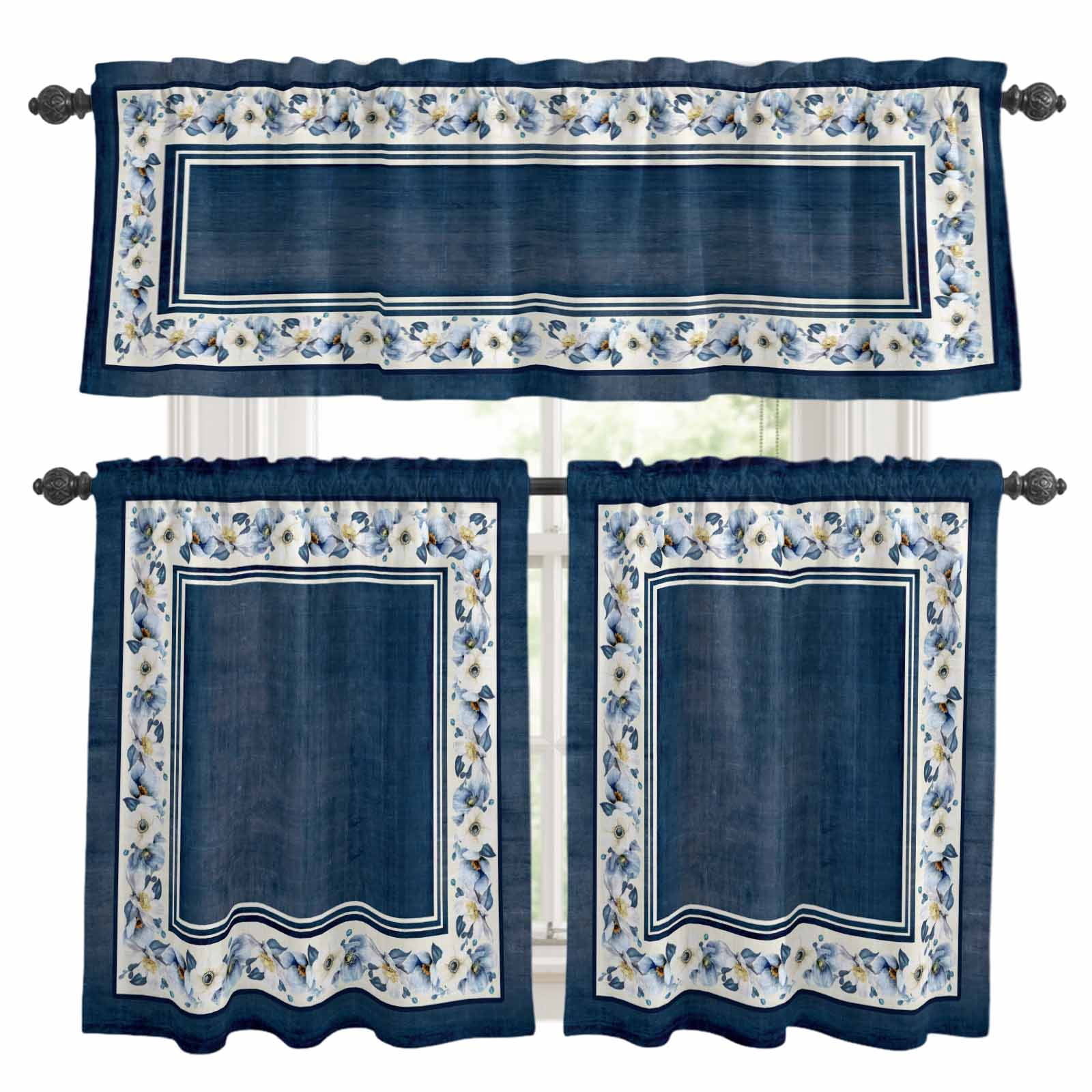 3 Piece Kitchen Curtains and Valances Set Navy Blue Spring Floral Cafe ...