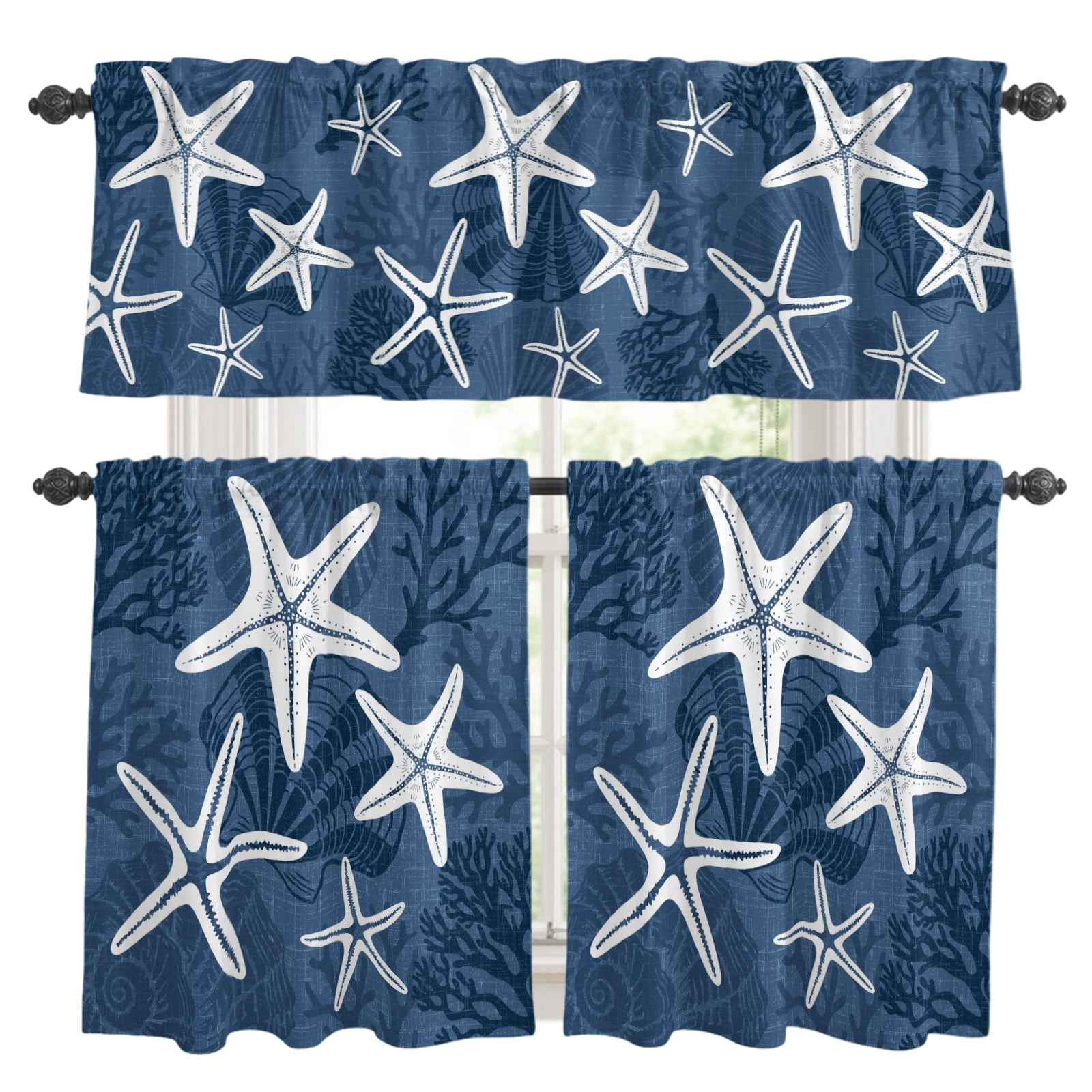 3 Piece Kitchen Curtains and Valances Set Navy Blue Starfish Cafe ...