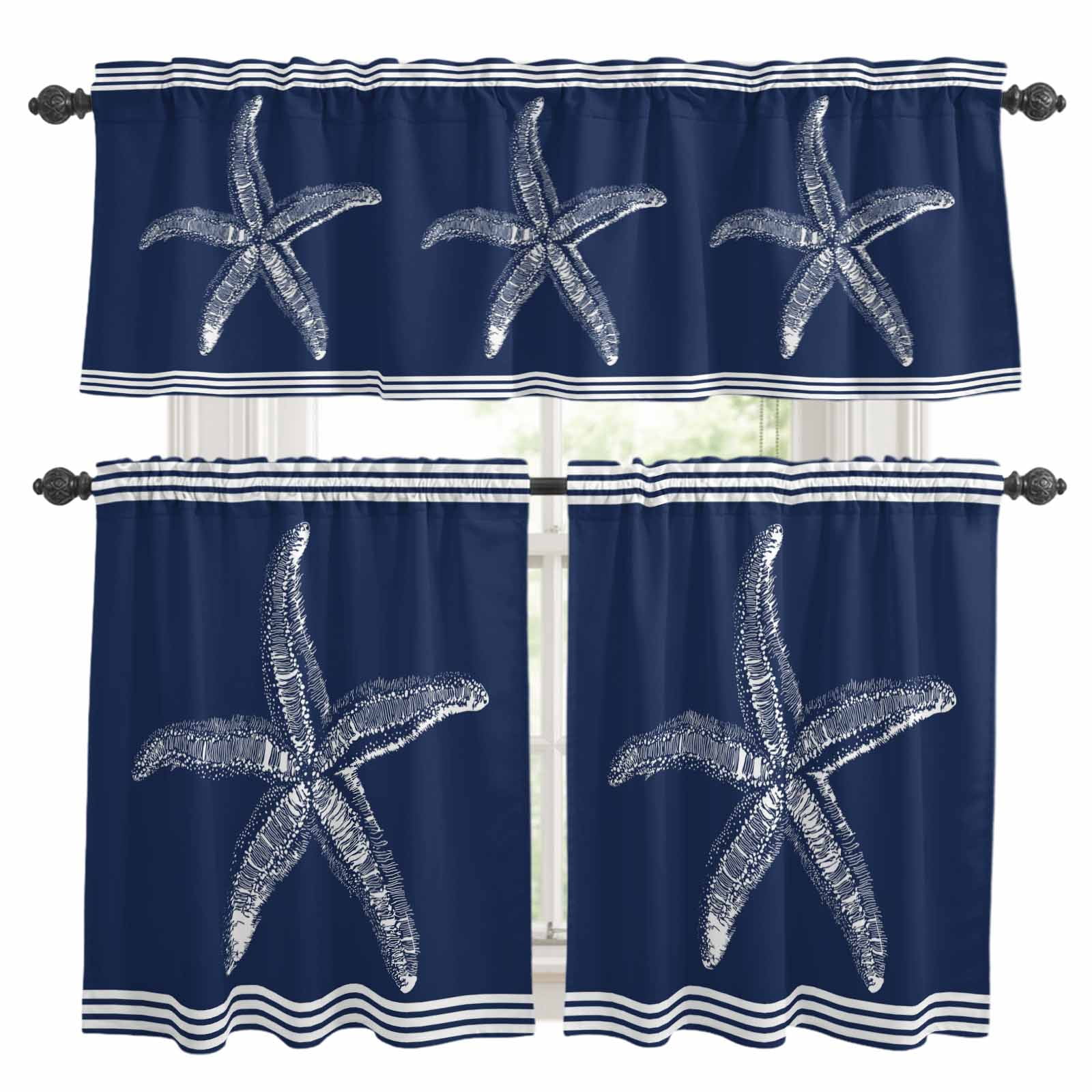 3 Piece Kitchen Curtains and Valances Set Navy Blue Starfish Coastal ...