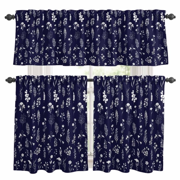 3 Piece Kitchen Curtains and Valances Set Navy Blue Wildflowers Cafe ...