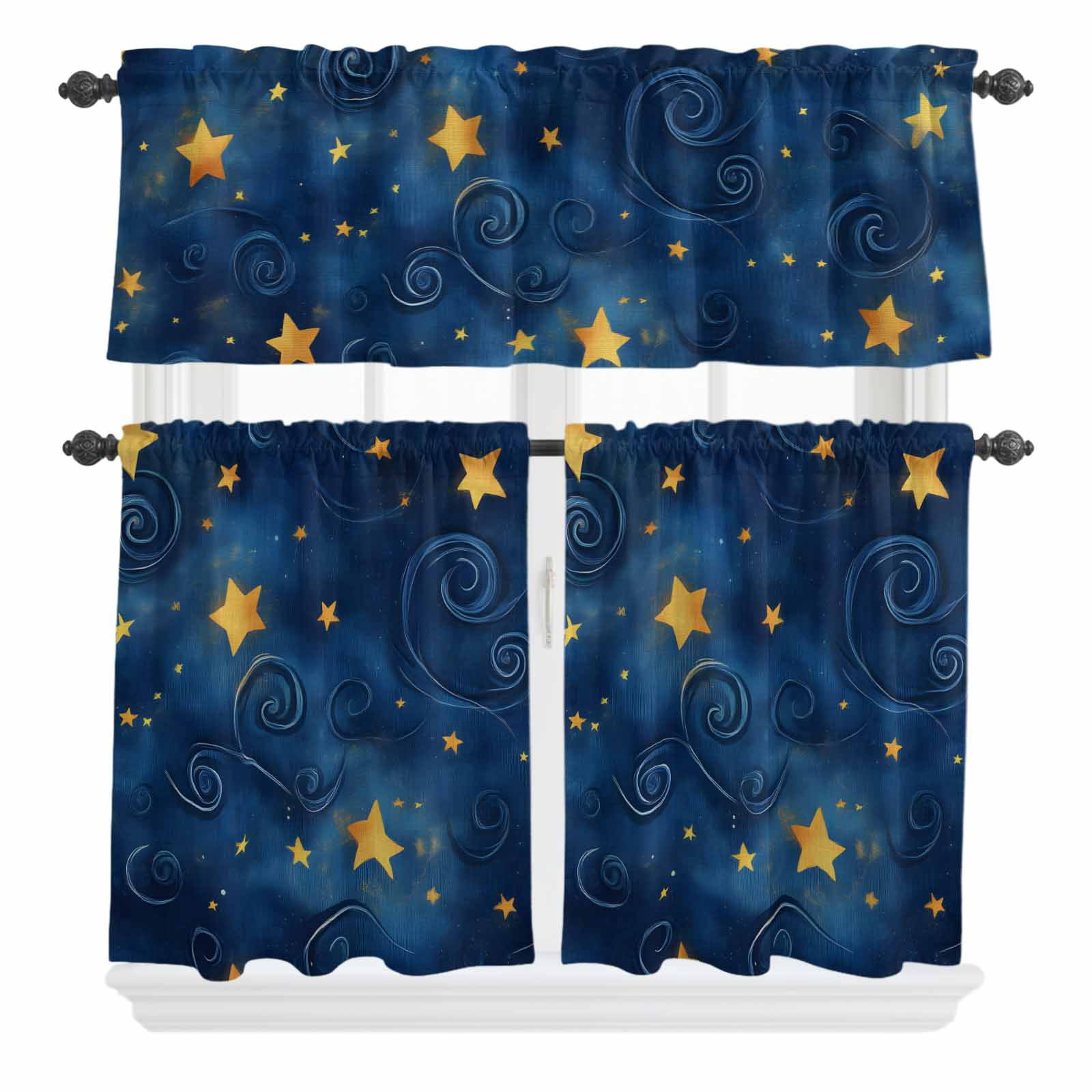 3 Piece Kitchen Curtains and Valances Set Navy Blue Yellow Star Cafe ...